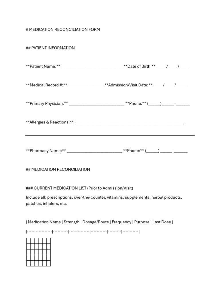 Medication Reconciliation Form | PDF | Dose (Biochemistry) | Chemistry