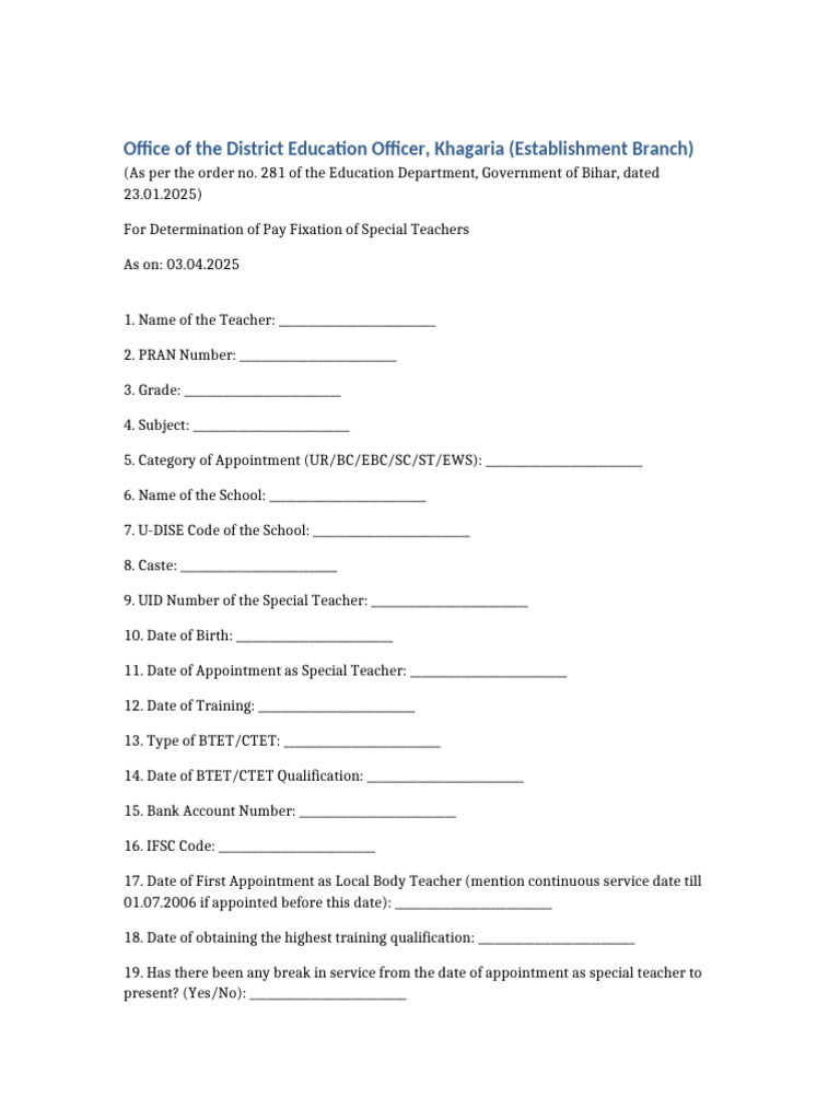 Pay Fixation Form English | PDF