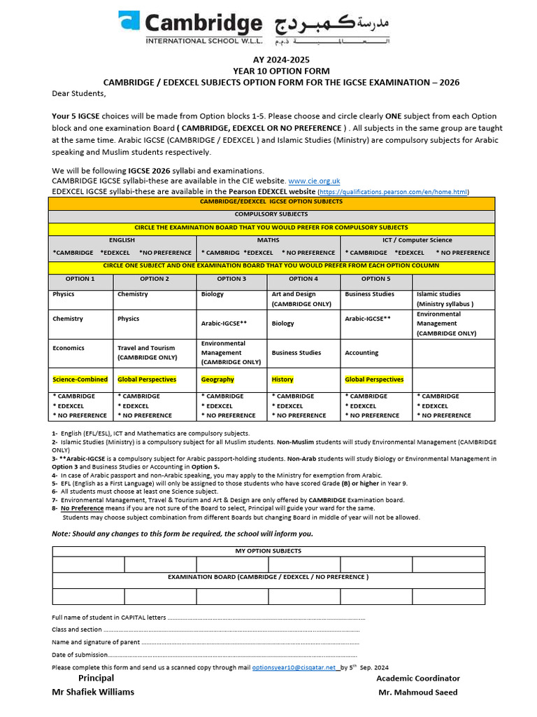 Ay 24-25-Y10 Igcse Option Form | PDF | University Of Cambridge