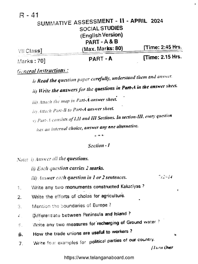 Tsbie Class 7 Sa2 Social Studies R 41 Apr 2024 | PDF