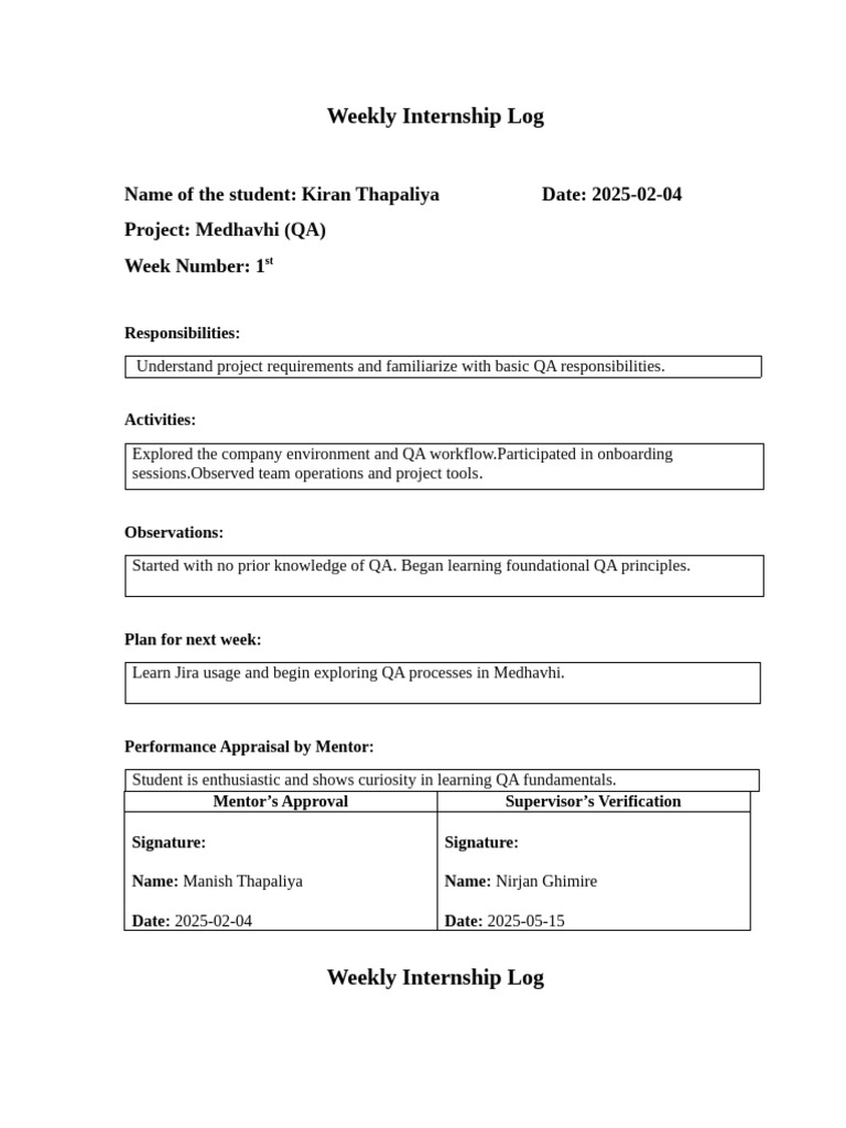 Weekly Internship Log | PDF | Computing