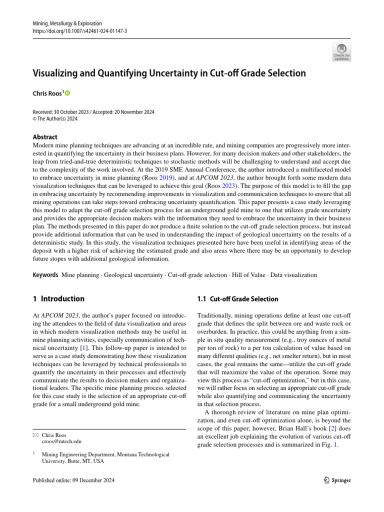 Roos 2024 - Visualizing and Quantifying Uncertainty in Cut-Off Grade Selection | PDF | Mining ...