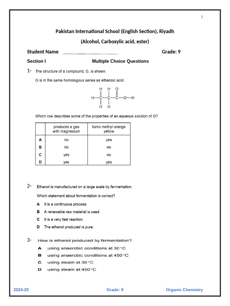 Grade 9 Organic Chemistry Questions | PDF