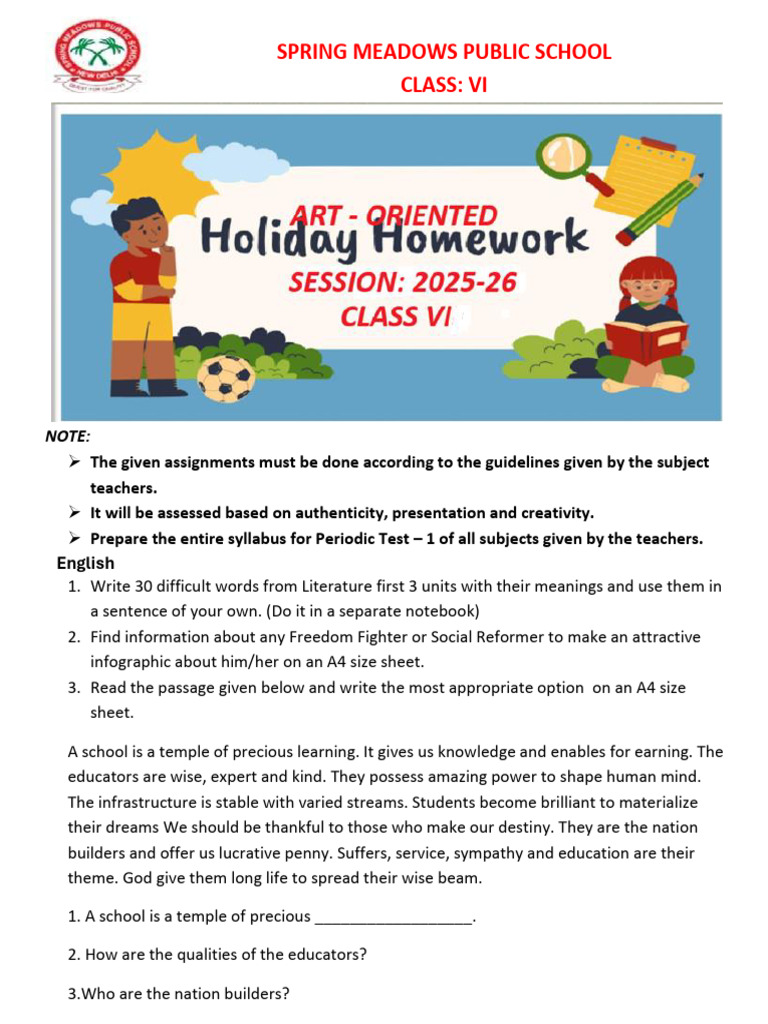 Class VI Holiday Homework .1746593830109 | PDF