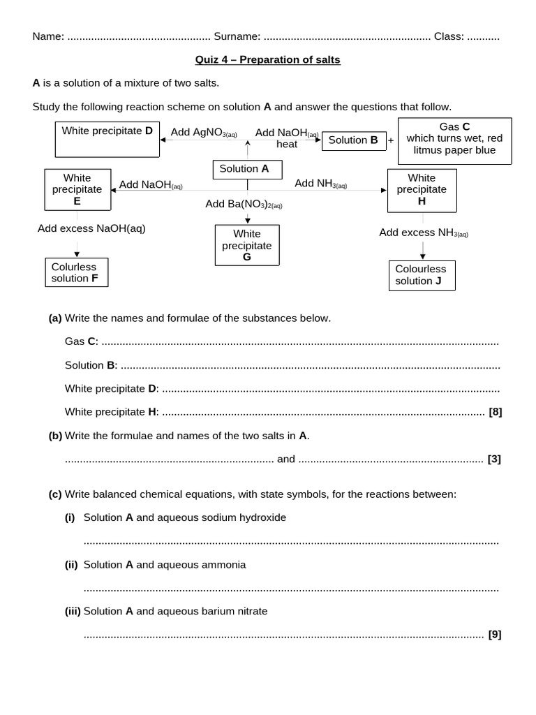 Quiz 4 - Reaction Scheme | PDF | Precipitation (Chemistry) | Sodium ...