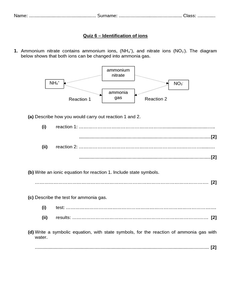 Ion Identification Quiz: Ammonium & Nitrate | PDF