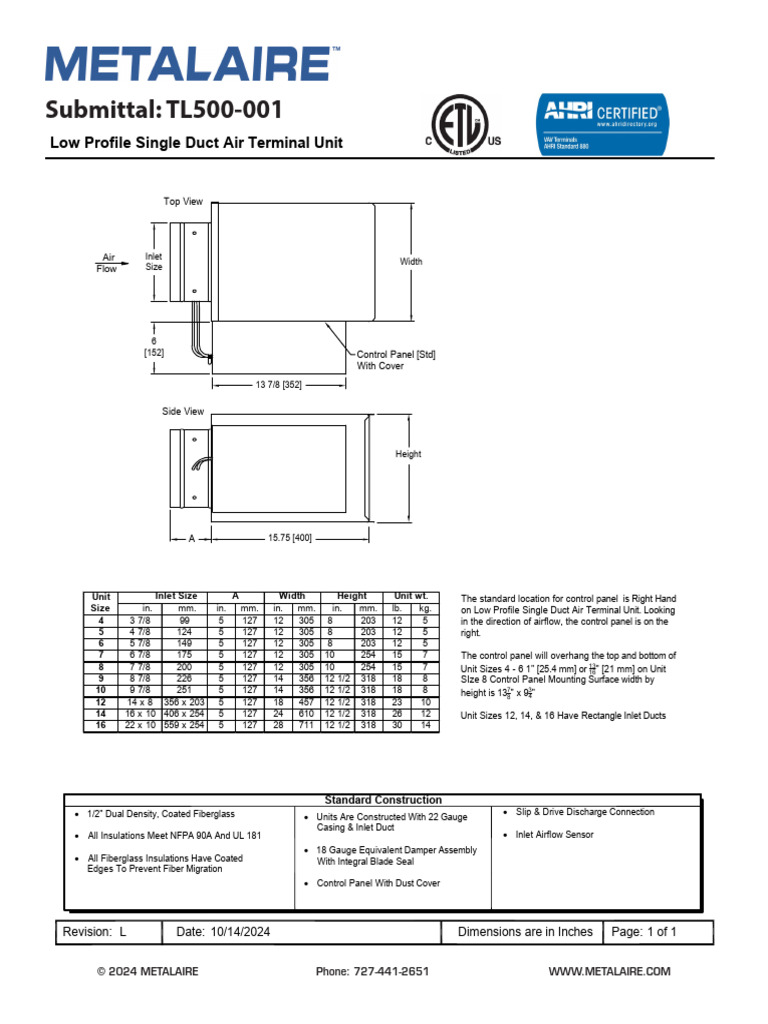 Model TL 500 Submittals 17553 | PDF | Duct (Flow) | Equipment