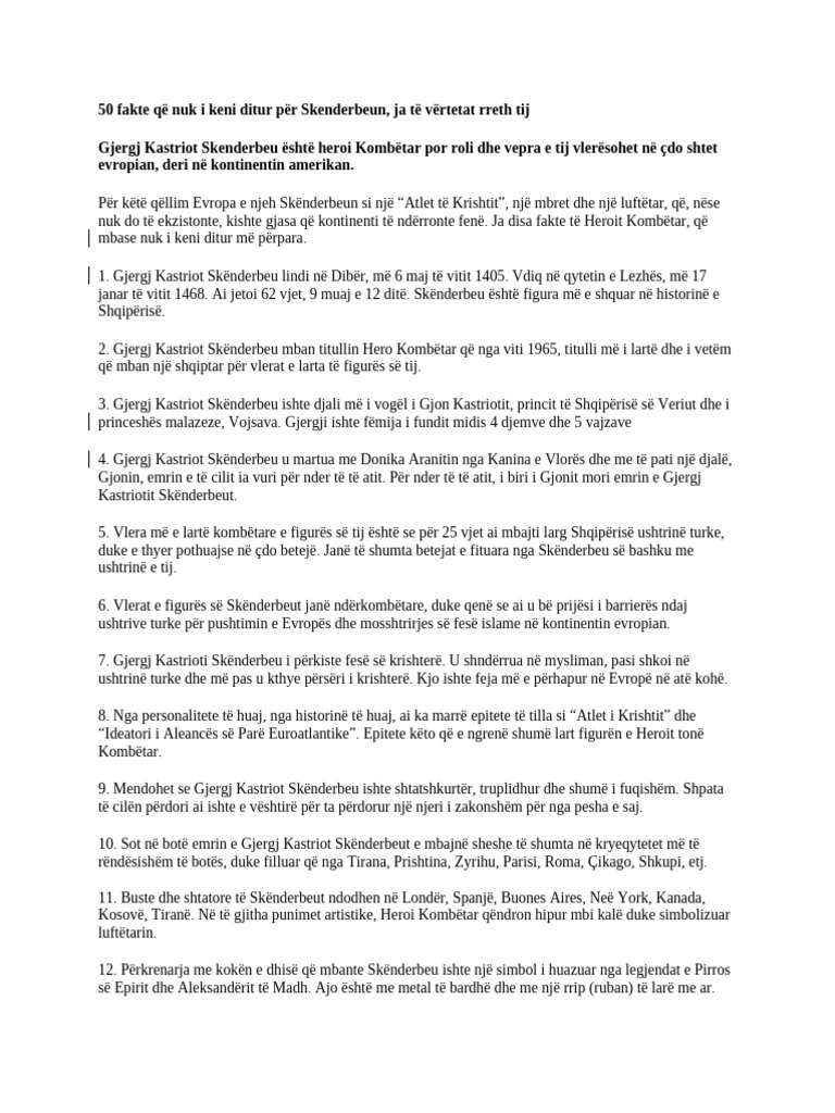 50 Fakte Që Nuk I Keni Ditur Për Skenderbeun | PDF