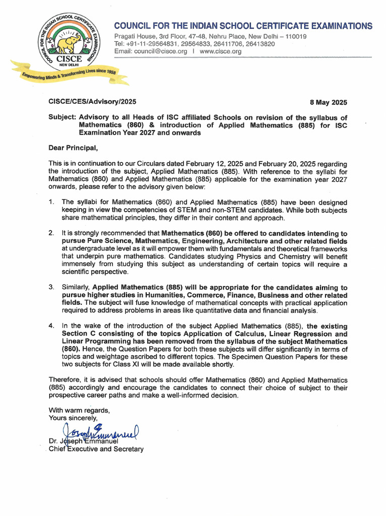 Advisory-IsC 2027 - Revised Mathematics Syllabus (860) & New Applied Mathematics | PDF
