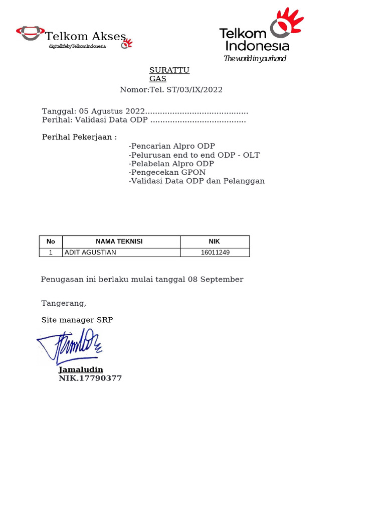 Surat Tugas Validasi Adit Agustian | PDF