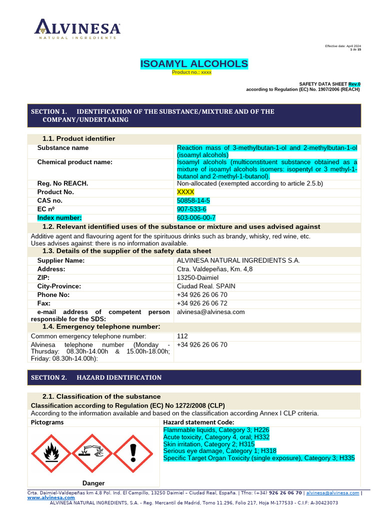 SDS Isoamyl Alcohols Rev0 - EN | PDF | Mutagen | Toxicity