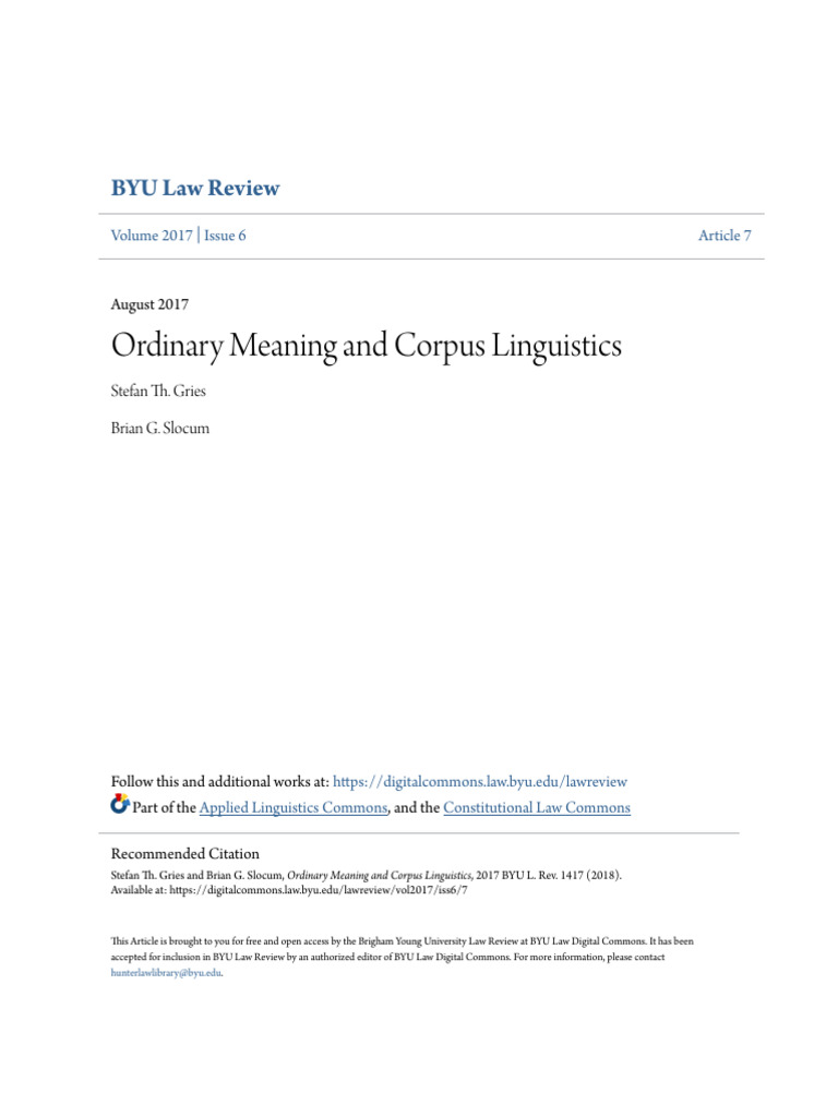 Ordinary Meaning and Corpus Linguistics | PDF | Semantics | Linguistics