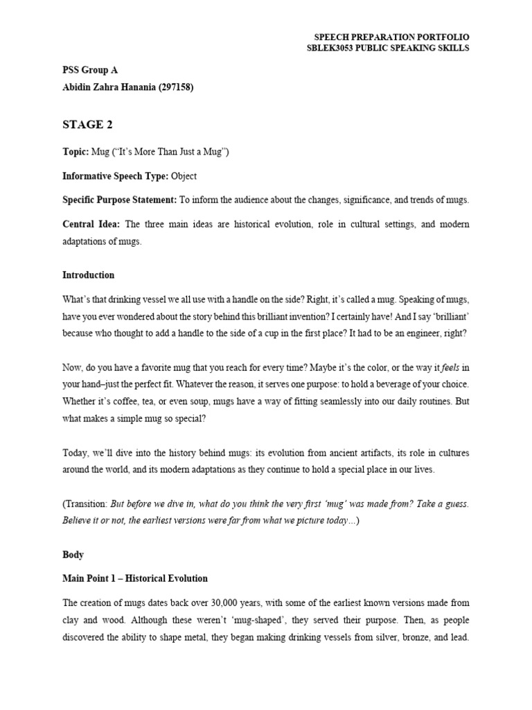 (Stage 2) Speech Preparation Portfolio | PDF | Mug