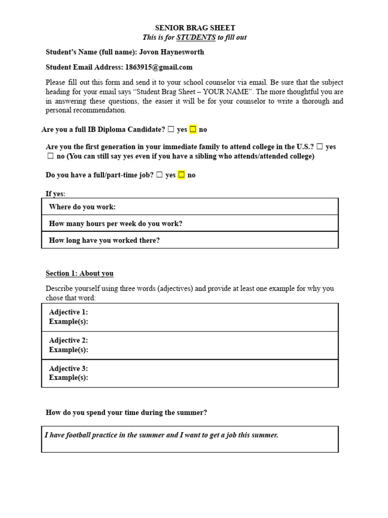 Student Brag Sheet Template | PDF