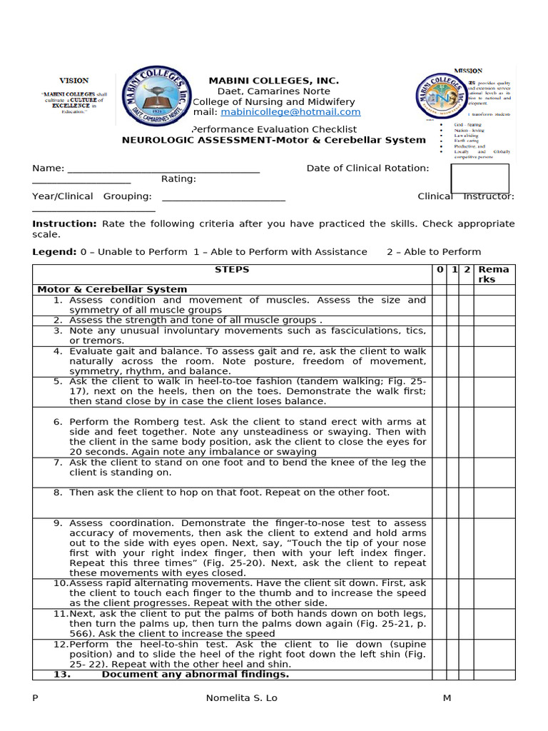 Checklist Motor and Cebellar System | PDF | Nervous System ...