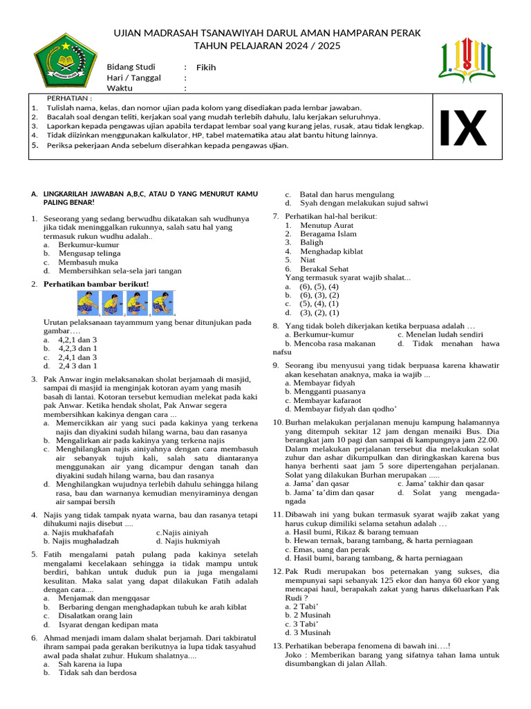 Soal Um Mts Fiqih t. a 2024-2025 | PDF