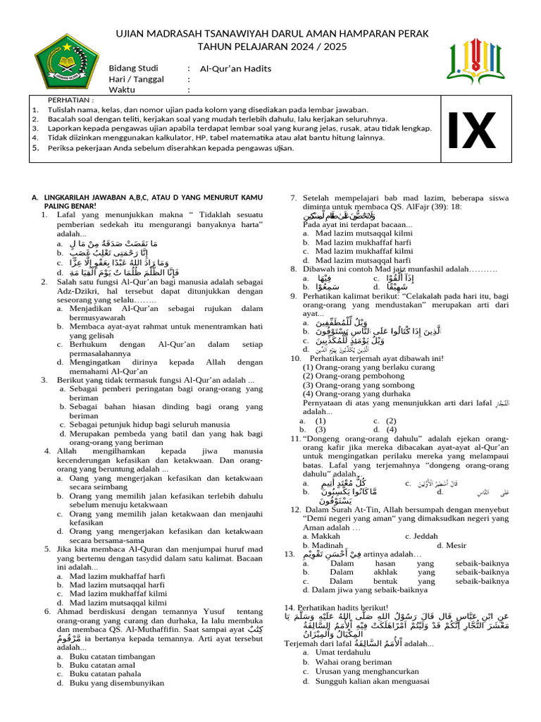 Soal Um Mts Q. Hadits T. A 2024-2025 | PDF