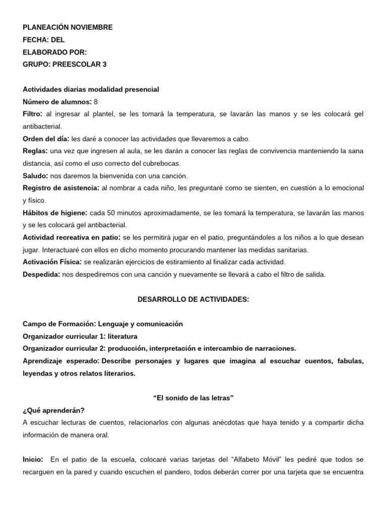 Planeación Noviembre Nivel Inicial | PDF | Educación de la primera ...