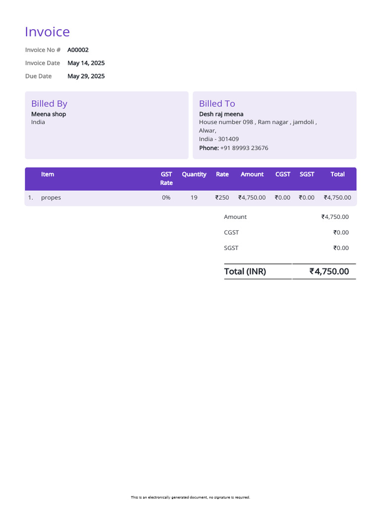 Invoice A00002 Meena Shop Desh Raj Meena | PDF