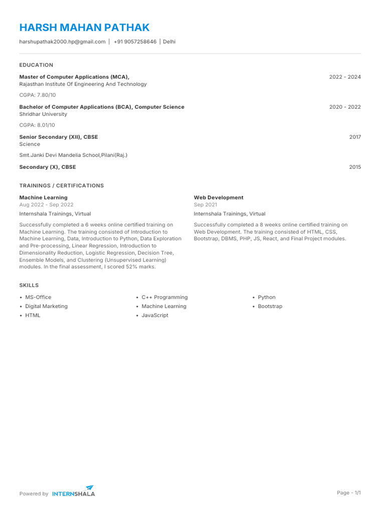 Harshmahan Pathak Internshalaresume | PDF