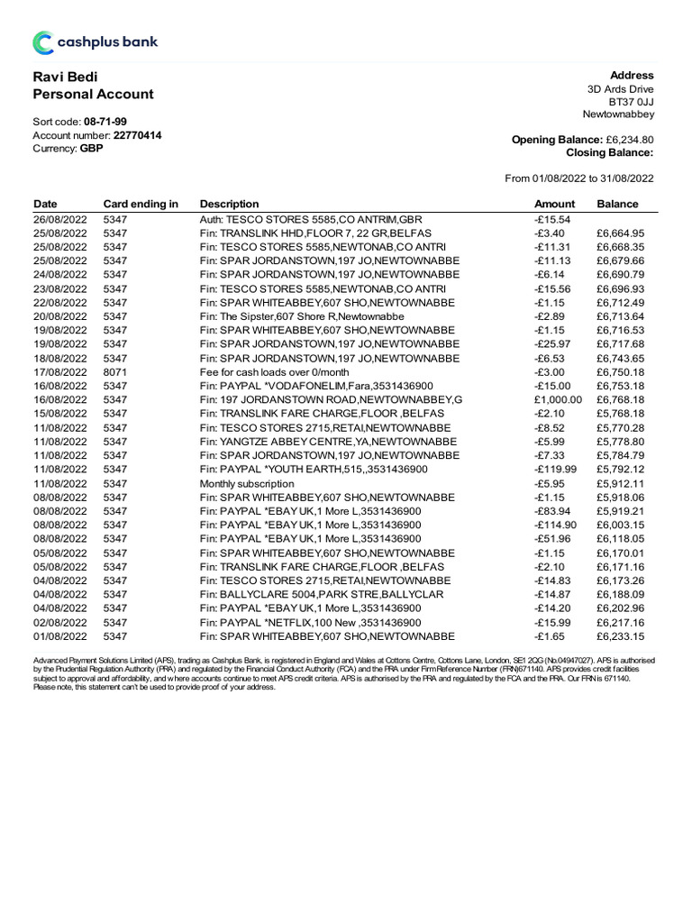 Statement GBP 20220801-20220831 | PDF | Money | Service Industries