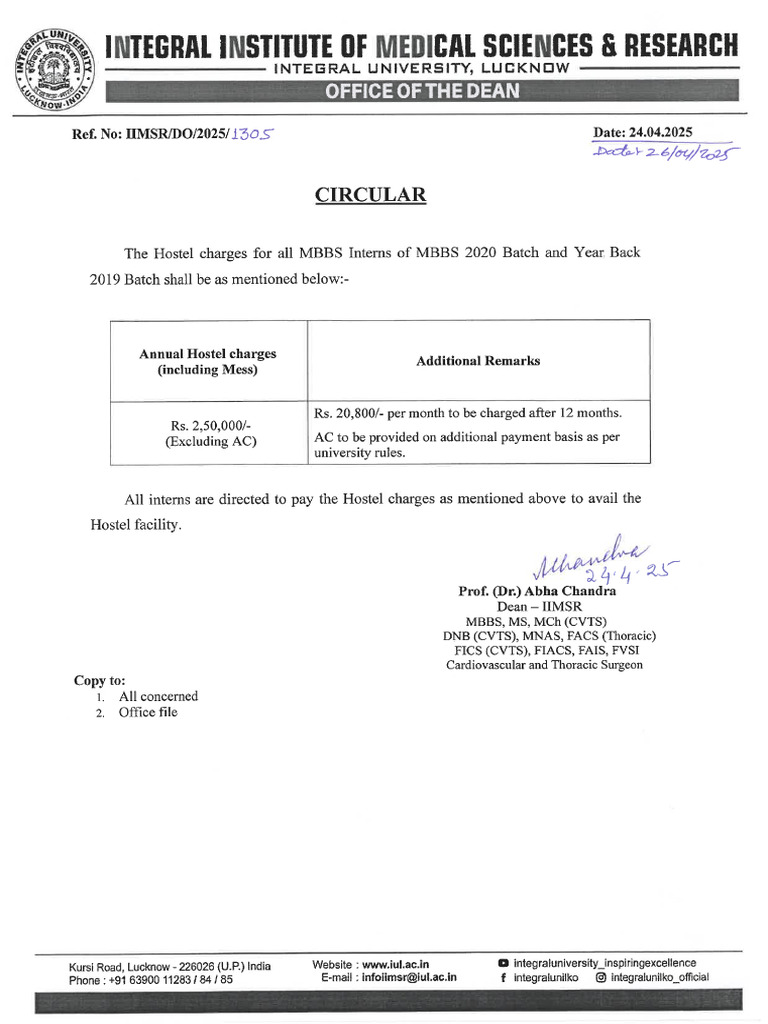 Circular Regarding Hostel Charges For MBBS Interns of The 2020 Batch and Year-Back Students of ...