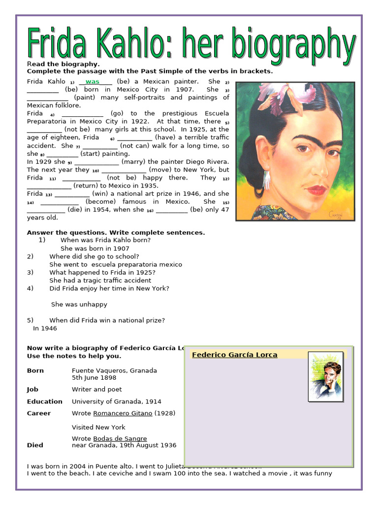 Frida Kahlo Her Biography Grammar Drills Information Gap Activities ...