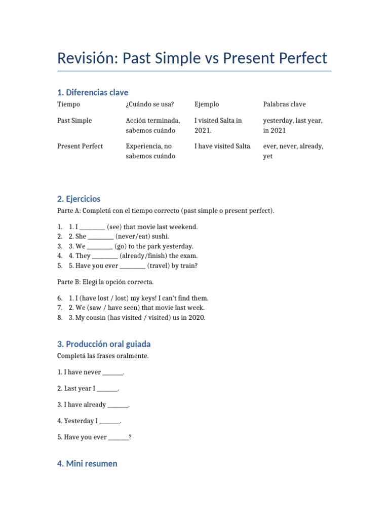 Past Simple Vs Present Perfect A2 | PDF
