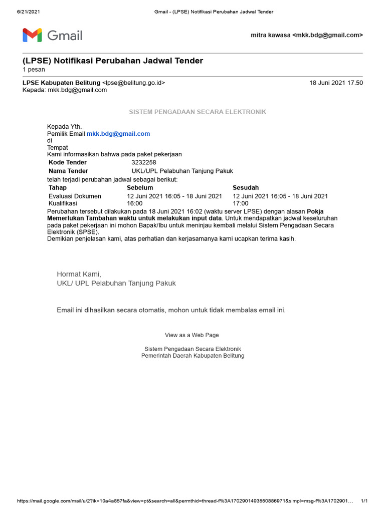 Gmail - (LPSE) Notifikasi Perubahan Jadwal Tender-2 | PDF