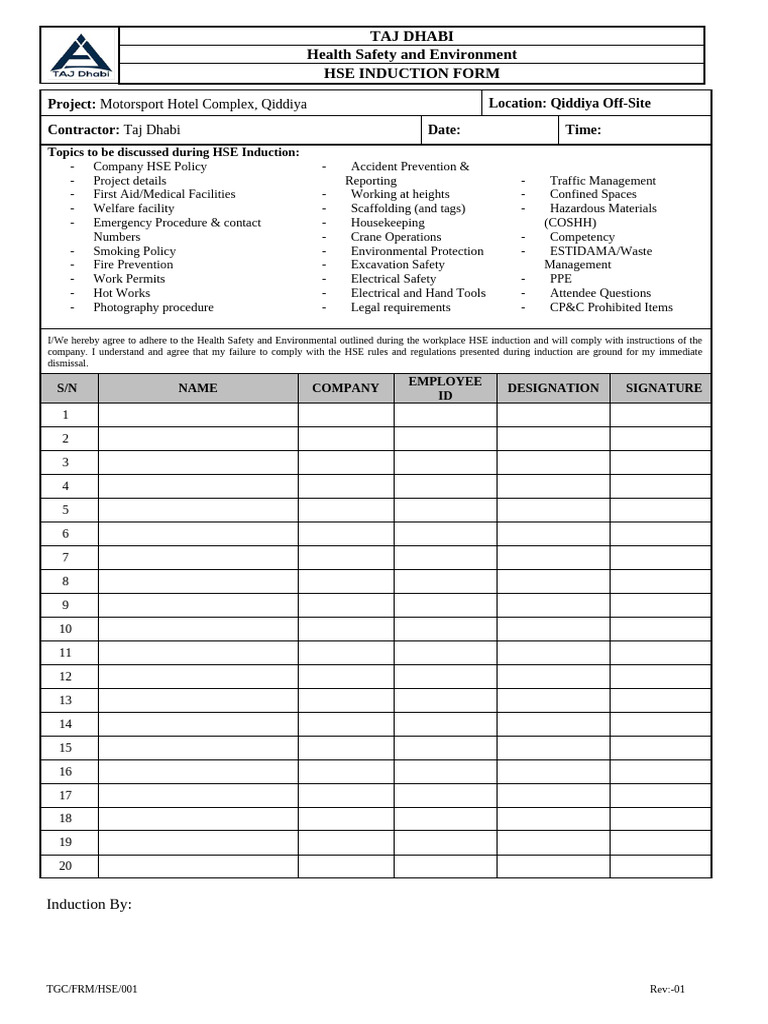 HSE Induction Form for Motorsport Project | PDF | Workplace | Working ...