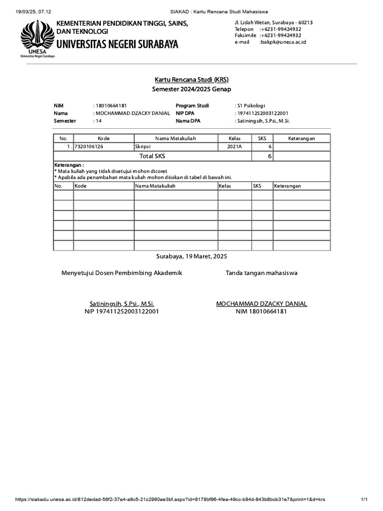 SIAKAD - Kartu Rencana Studi Mahasiswa | PDF