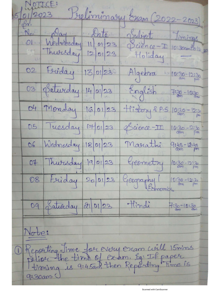 Preliminary Exam Time Table (2022-2023) - 1 | PDF