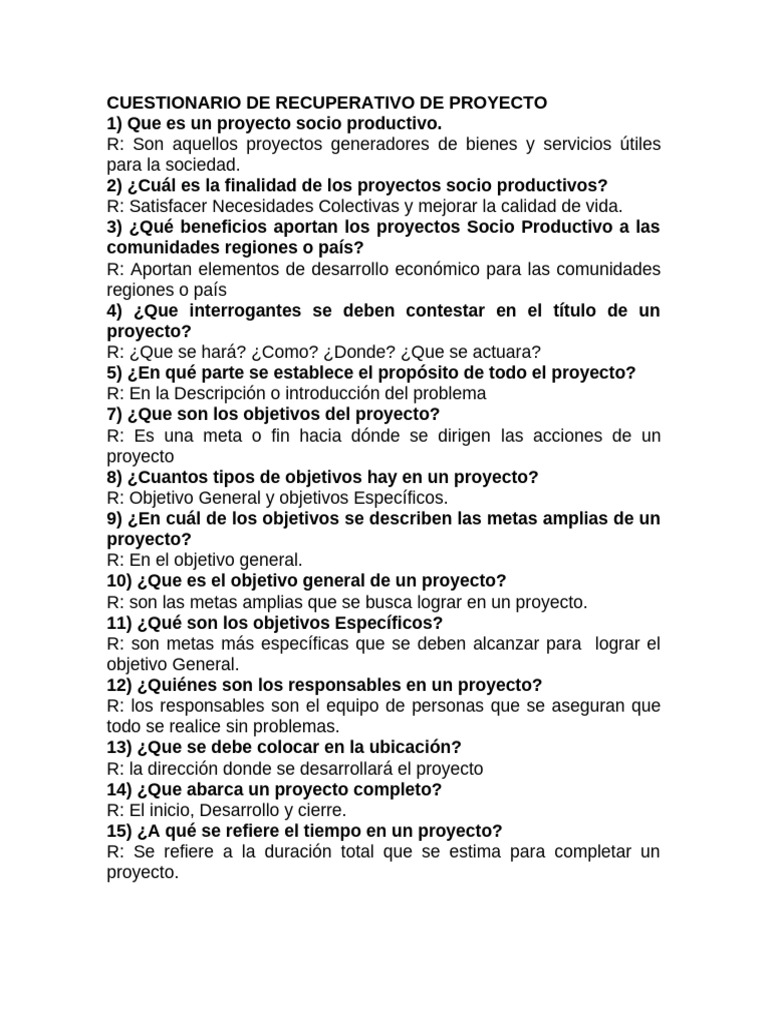 Cuestionario de Recuperativo de Proyecto | PDF