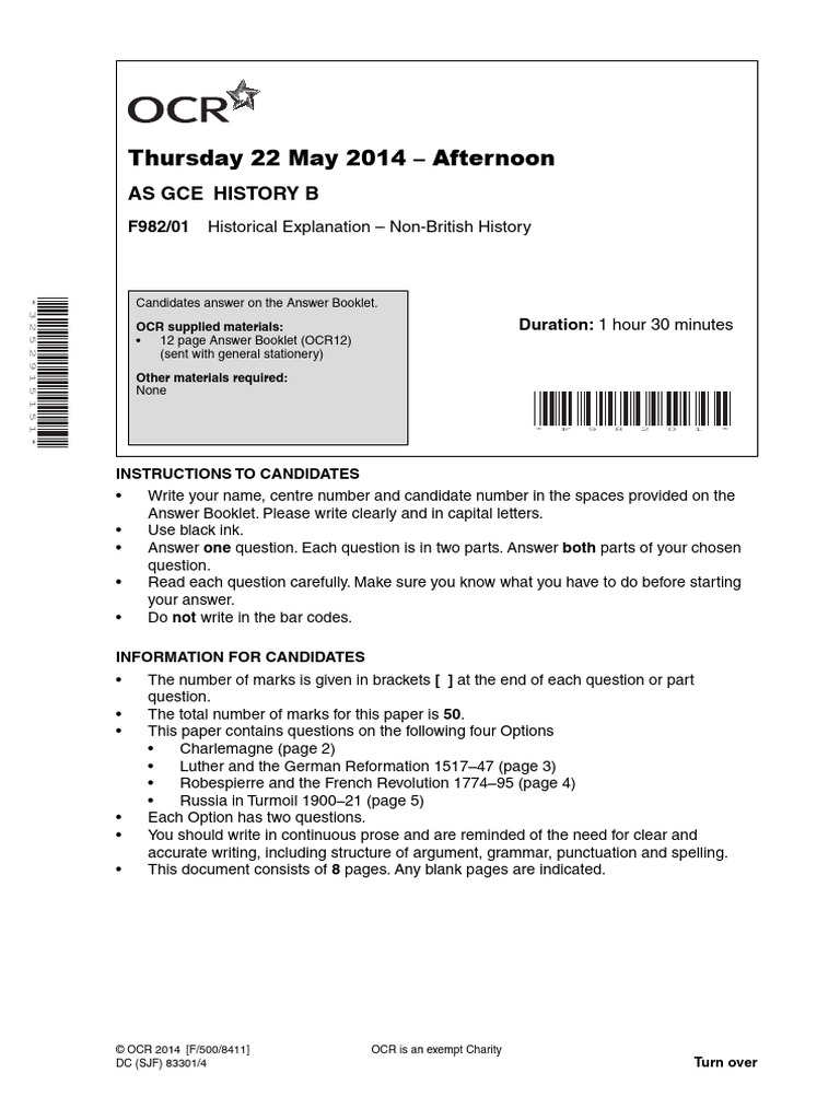 Question Paper Unit f982 01 Historical Explanation Non British History ...