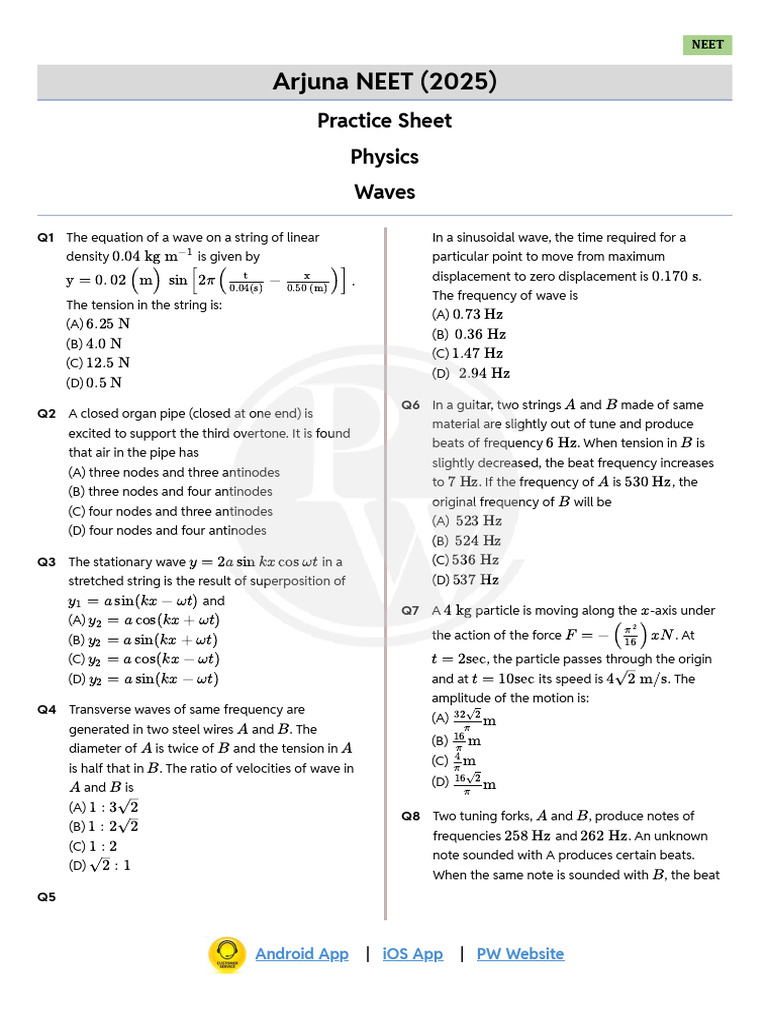 Waves : Practice Sheet || Arjuna NEET 2025 | PDF | Waves | Sound
