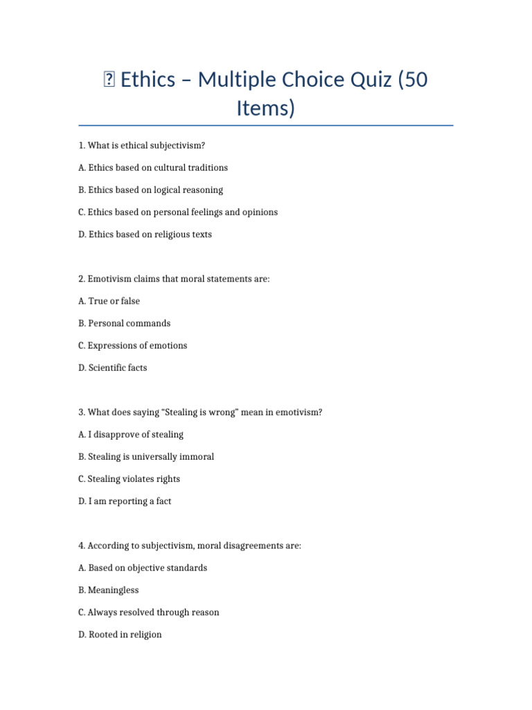 Ethics Multiple Choice Quiz | PDF | Natural Law | Virtue