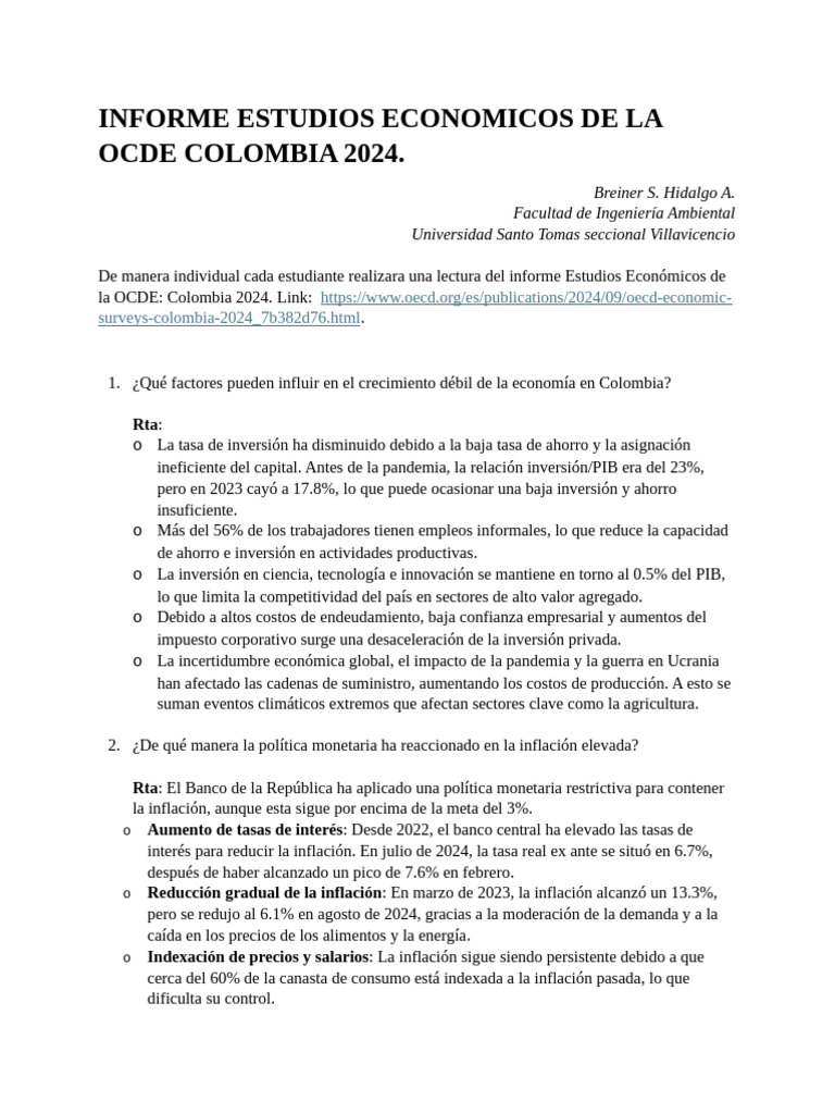 Informe OCDE: Estudios Económicos Colombia 2024 | PDF | Inflación | Ahorro