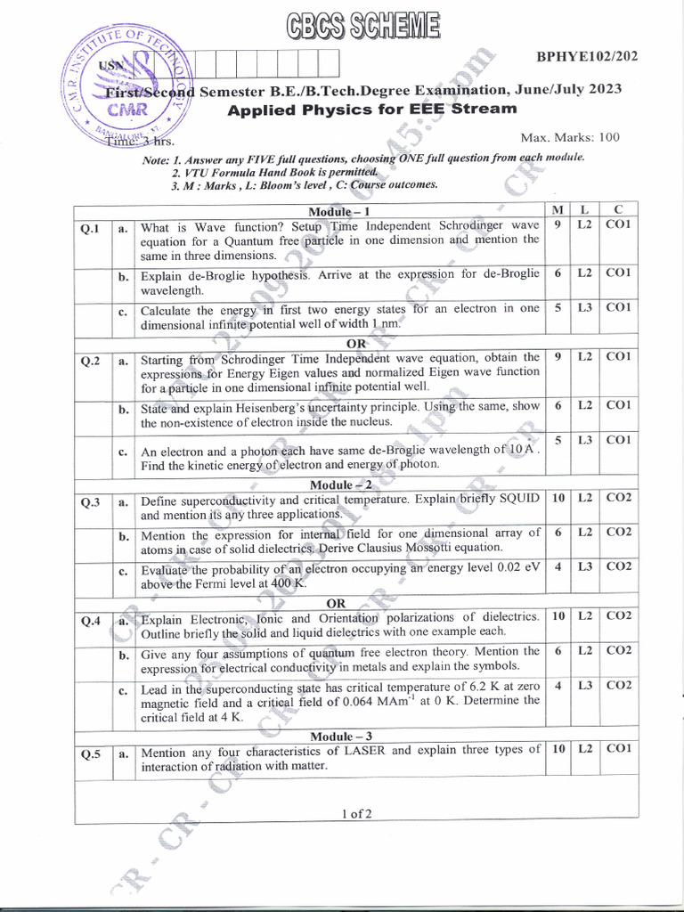 VTU Question Paper of BPHYE102 - BPHYE202 Applied Physics For EEE ...