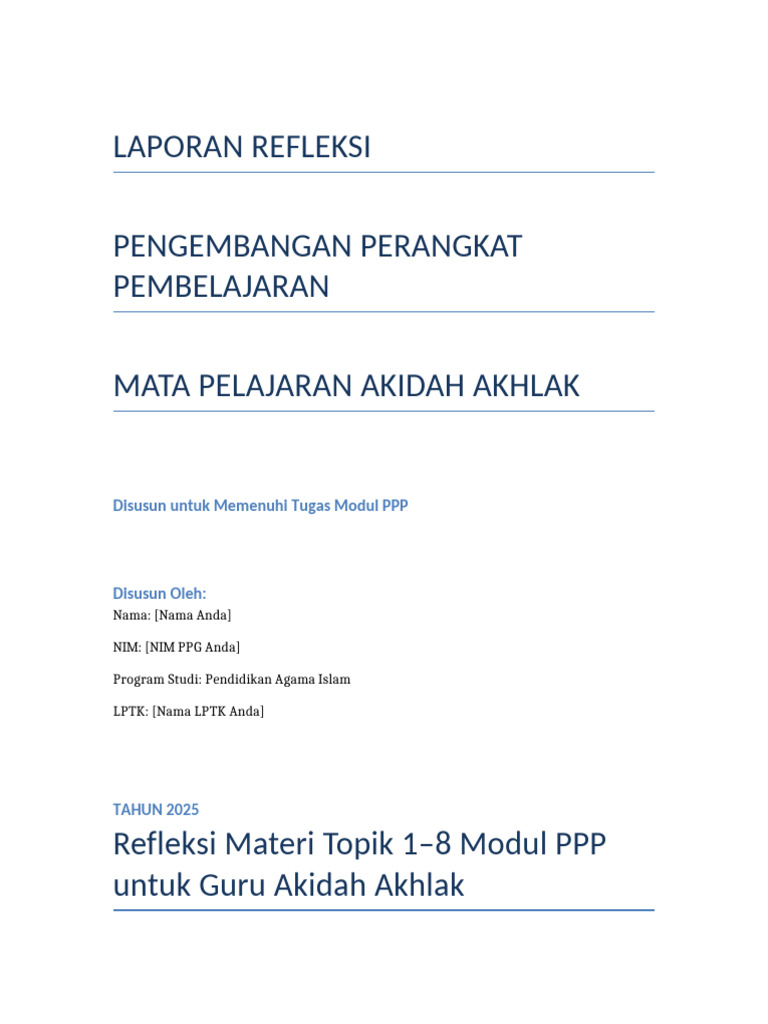 Laporan Refleksi PPP Akidah Akhlak Cover | PDF