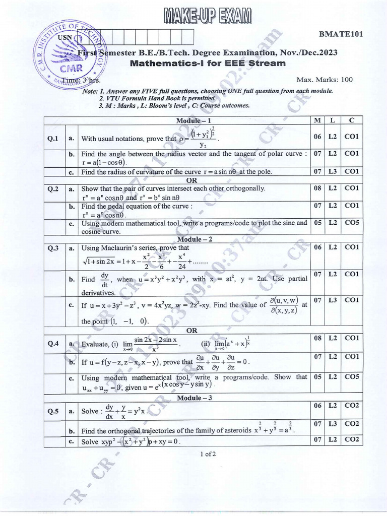 Make-Up VTU Question Paper of BMATE101 Mathematics-I For EEE Stream Nov-Dec-2023 | PDF