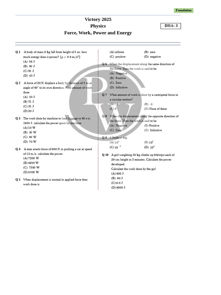 Victory 2025 Physics Force, Work, Power and Energy | PDF | Physics | Nature