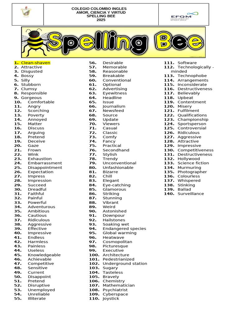 Spelling Bee Vocabulary List 2025 | PDF