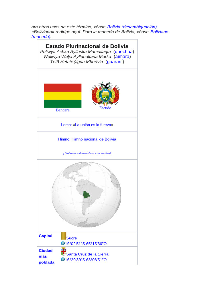 Datos Clave sobre Bolivia: Geografía y Gobierno | PDF | Bolivia ...