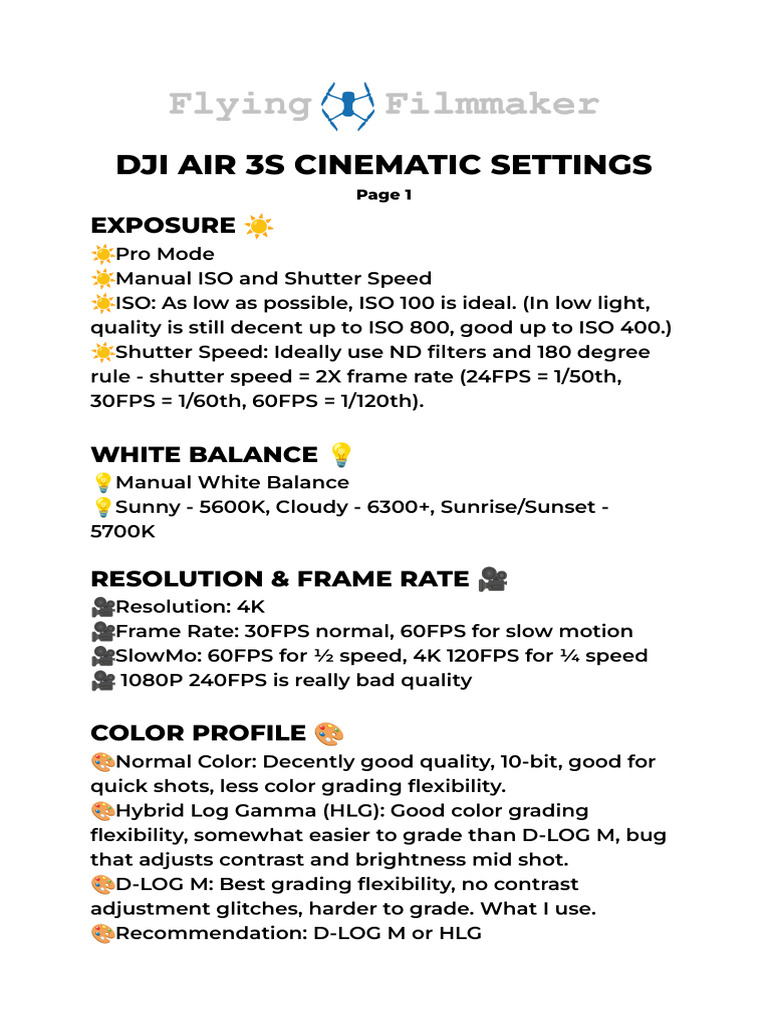 Flying Filmmaker DJI Air 3S Cinematic Settings Checklist | PDF