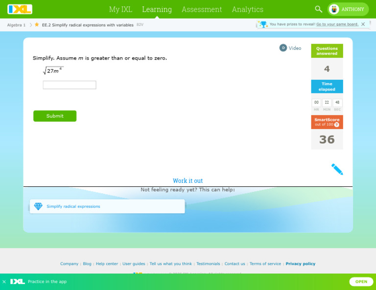 IXL - Simplify Radical Expressions With Variables (Algebra 1 Practice ...
