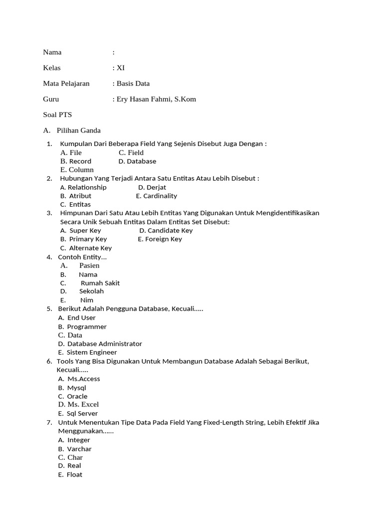 Soal PAS Basis Data Kelas 11 | PDF
