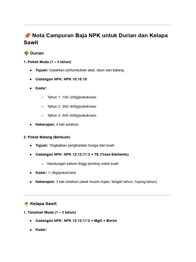 Nota Campuran Baja NPK Untuk Durian Dan Kelapa Sawit | PDF
