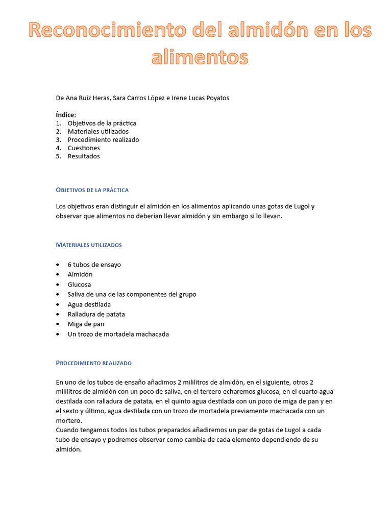 Detección de almidón en alimentos con Lugol | PDF | Panes