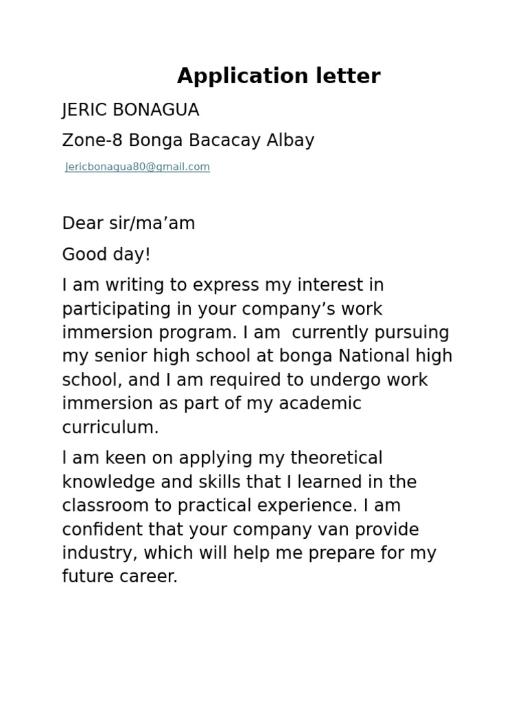 Work Immersion Application Letter | PDF