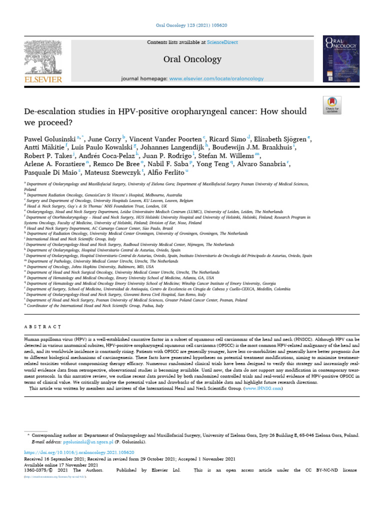 De Escalation Studies in HPV Positive Oropharyngeal Cancer H 2021 Oral Onco | PDF | Radiation ...
